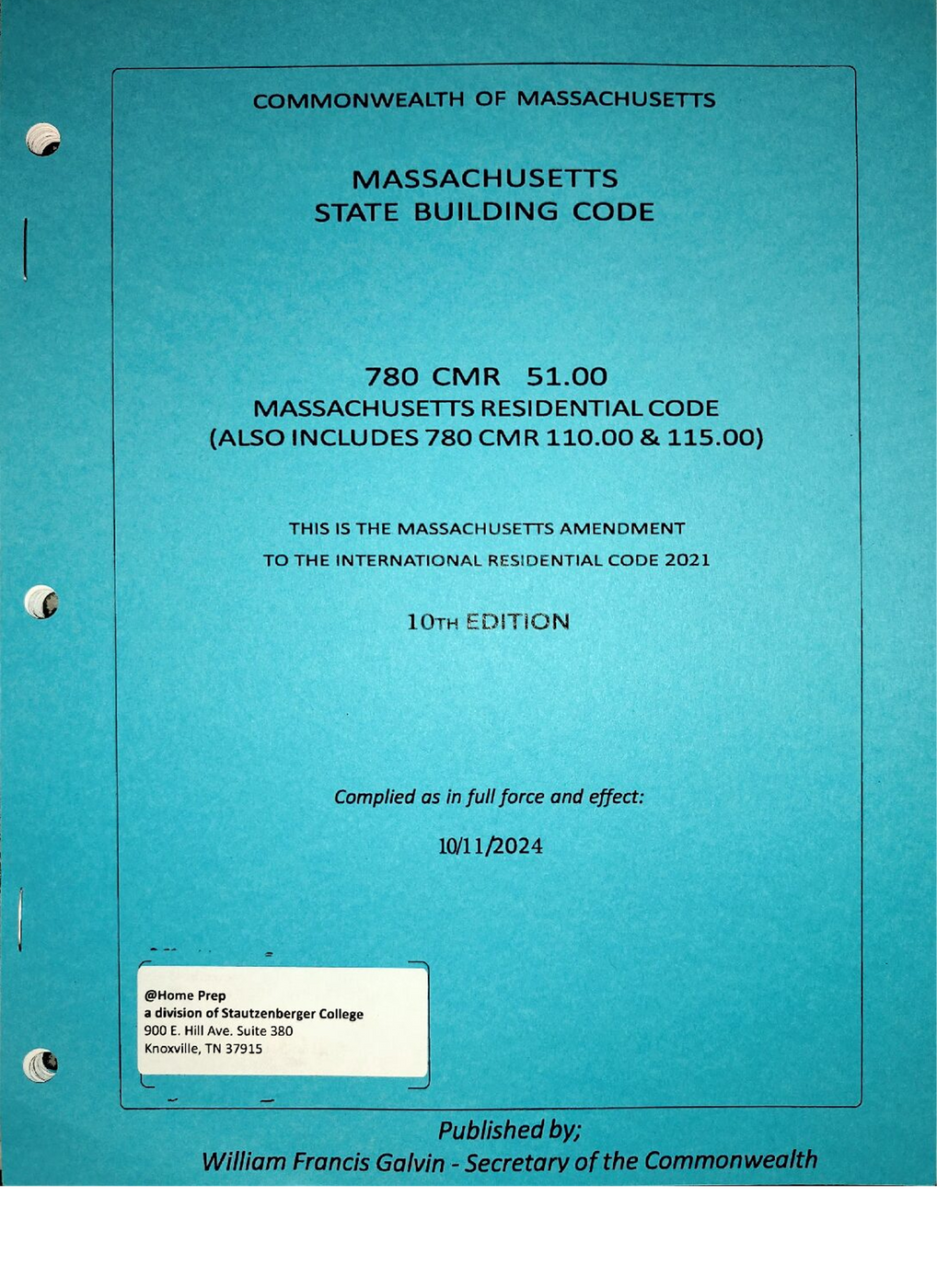 Massachusetts Residential Code Amendment 10th Edition — BNi Building News