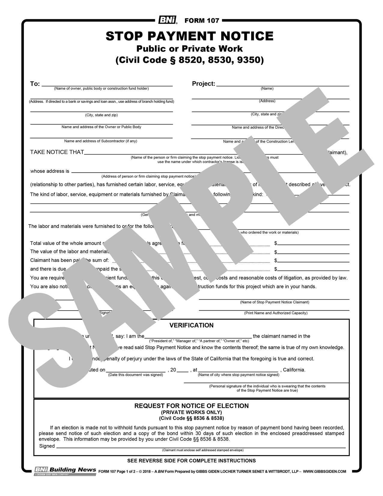 Form 107: Stop Notice (Reusable PDF Format)