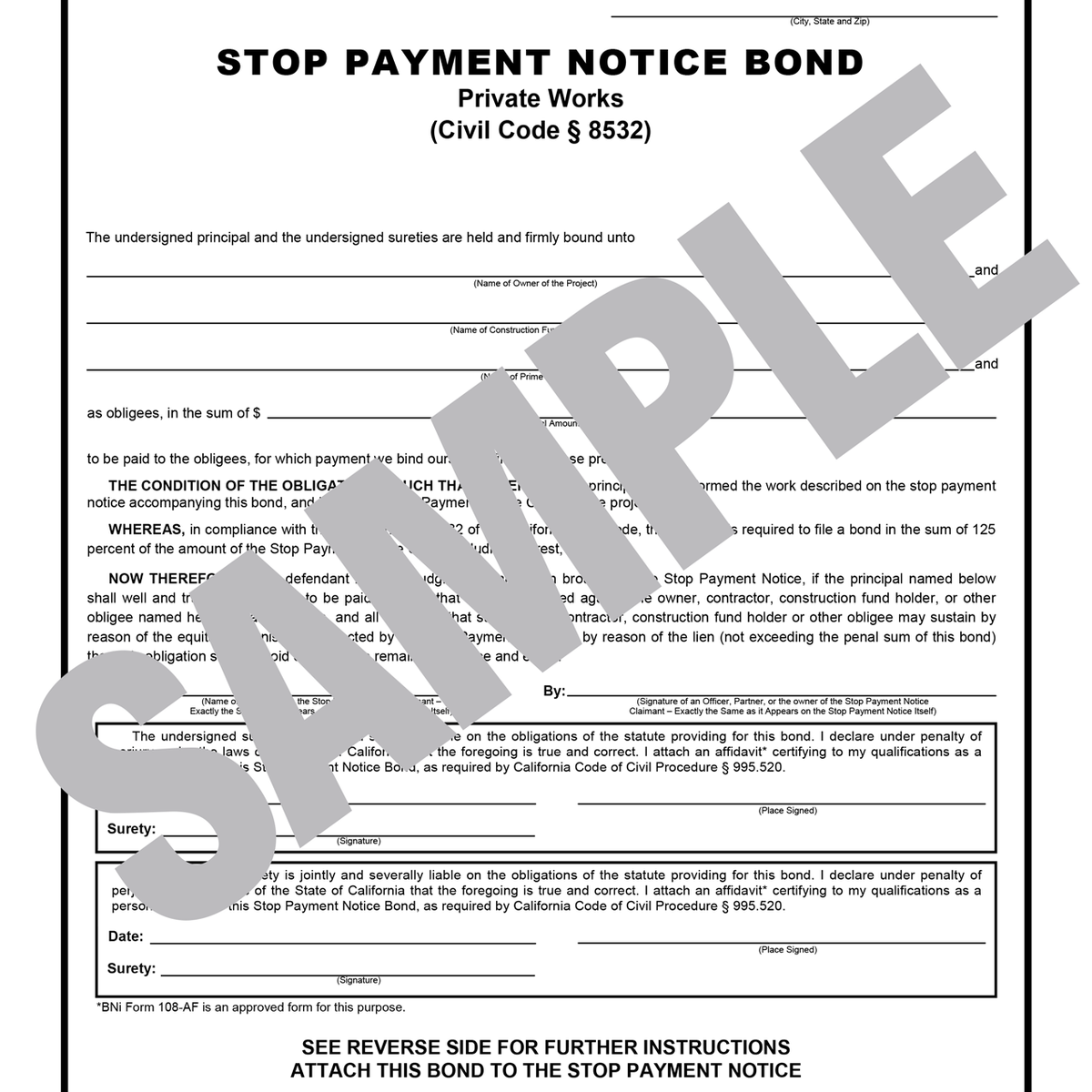 Form 108: Stop Notice Bond (Reusable PDF Format) — BNi Building News