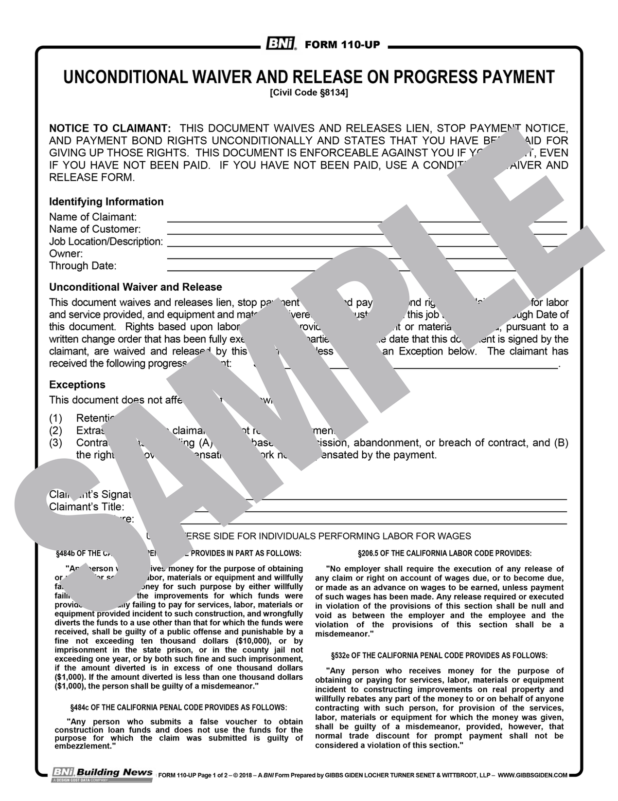 Form 110UP: Unconditional Waiver and Release Upon Progress Payment ...
