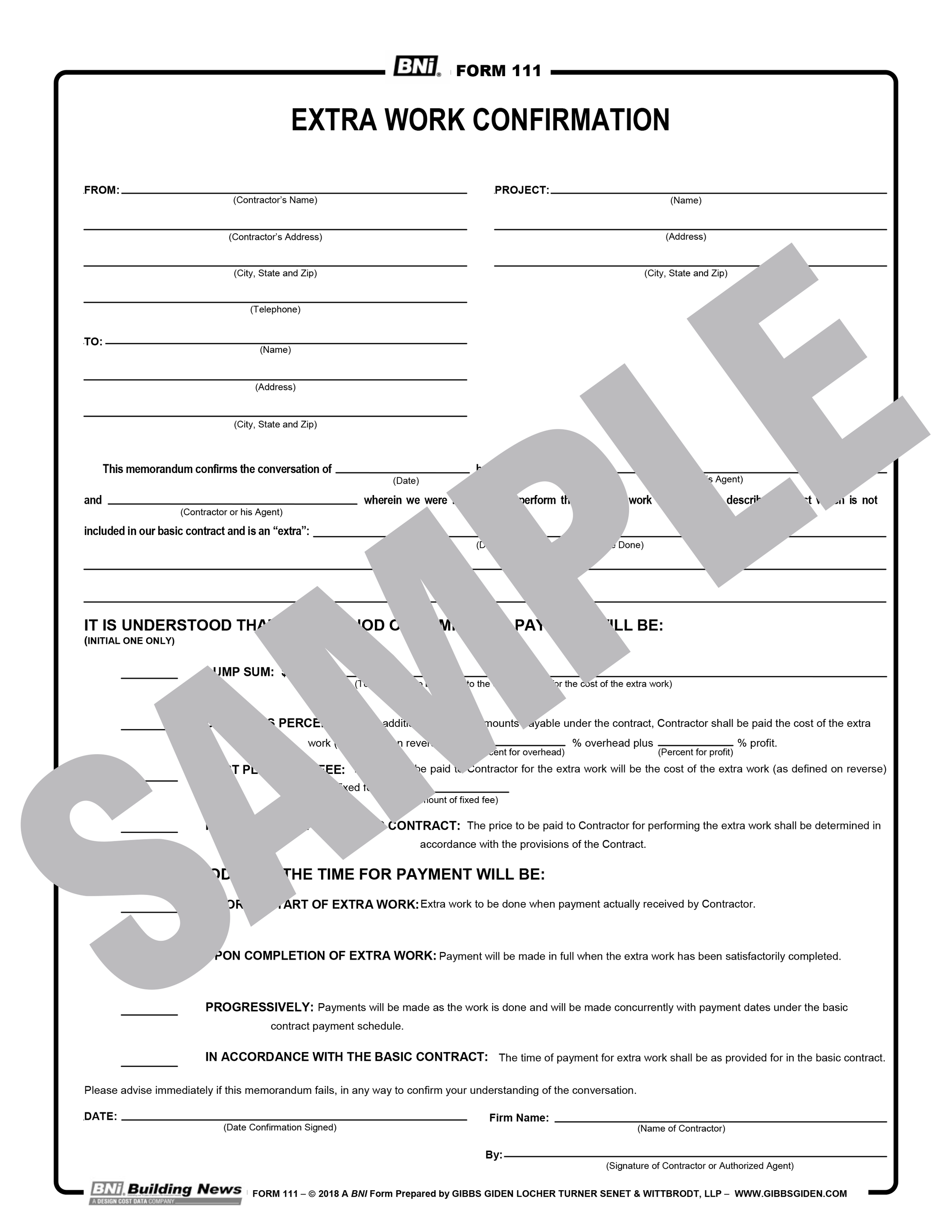 Form 111: Extra Work Confirmation (Reusable PDF Format) — BNi Building News