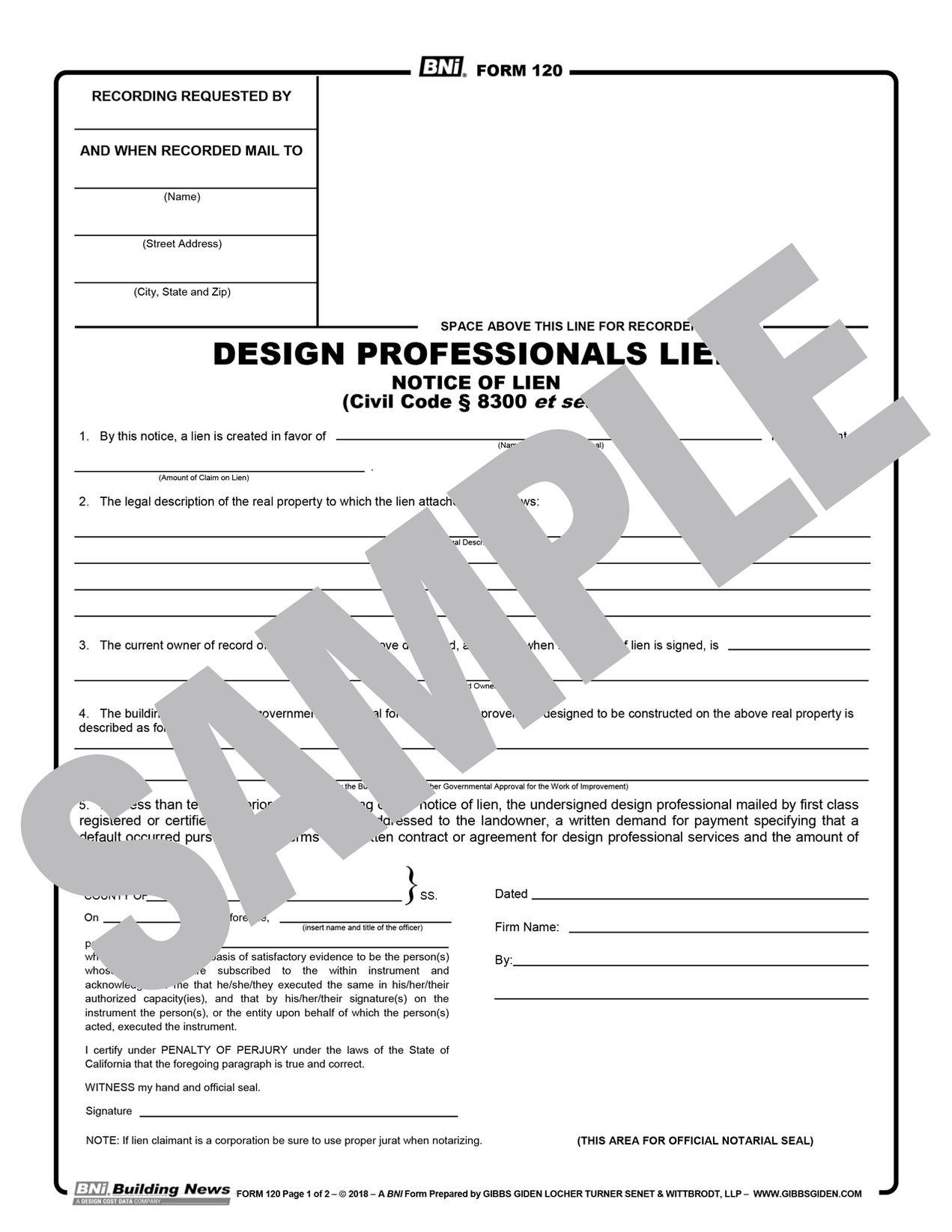 Form 120: Design Professionals Lien (Reusable PDF Format) — BNi ...