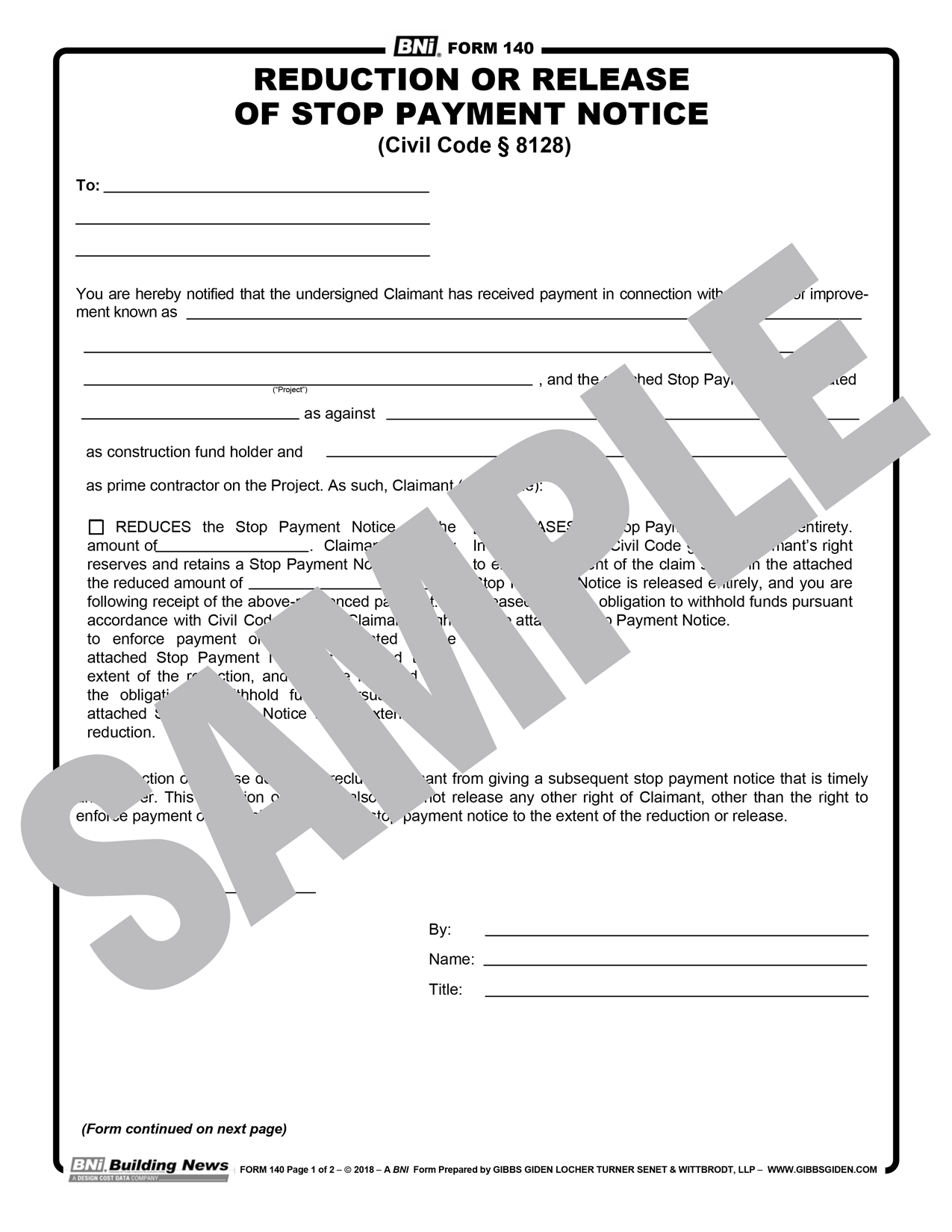 Form 140: Partial Release of Stop Notice (Reusable PDF Format)