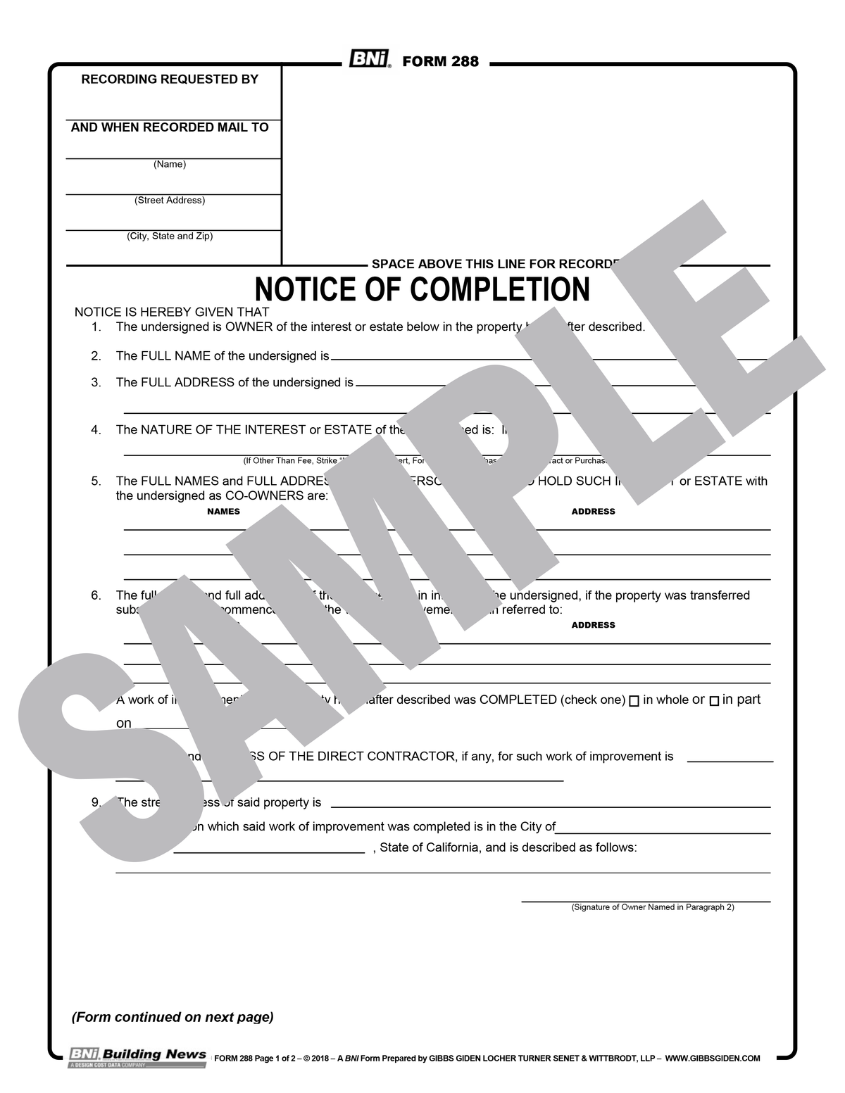 Form 288: Notice of Completion (Reusable PDF Format) — BNi Building News