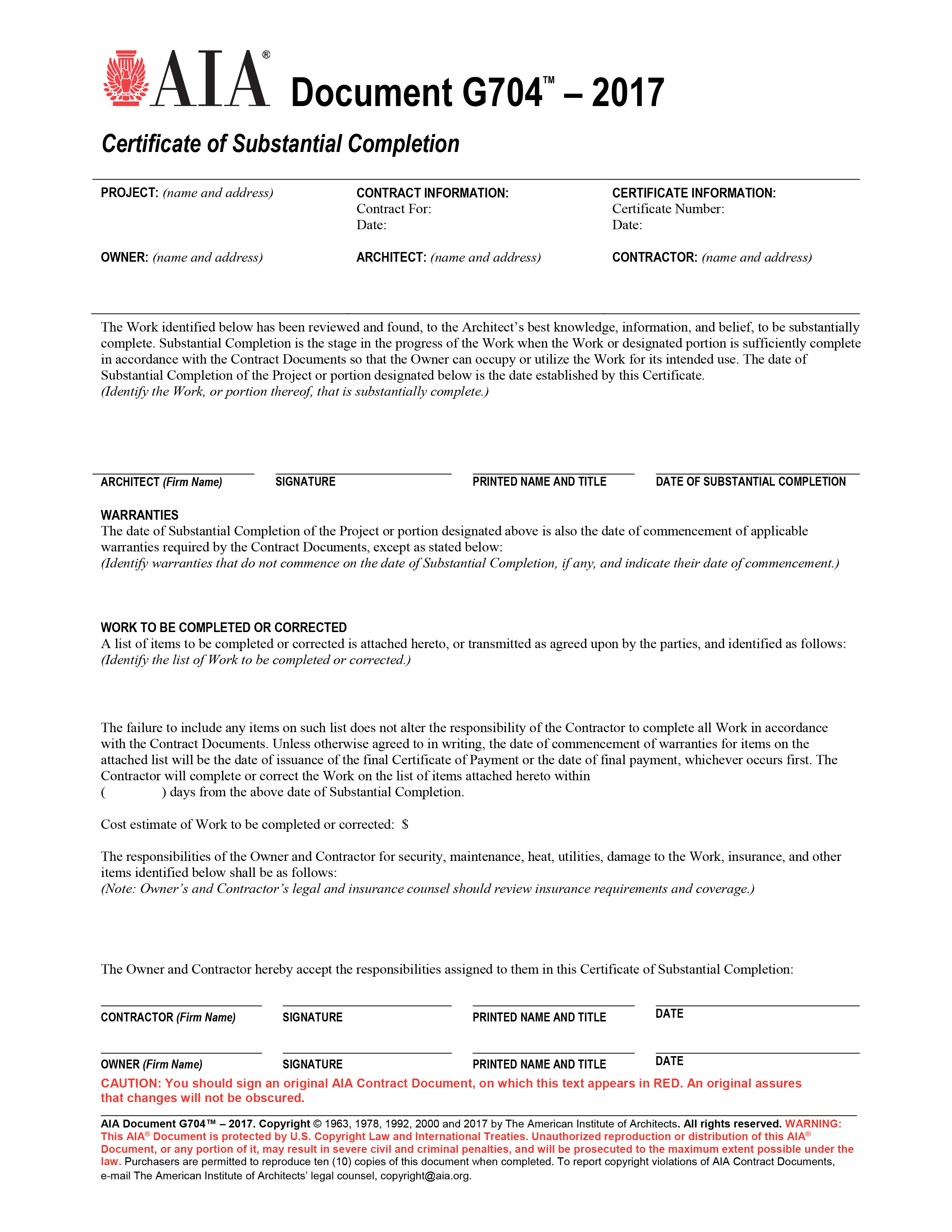 Certificate Of Substantial Completion Template Certificate Of Substantial Completion Template