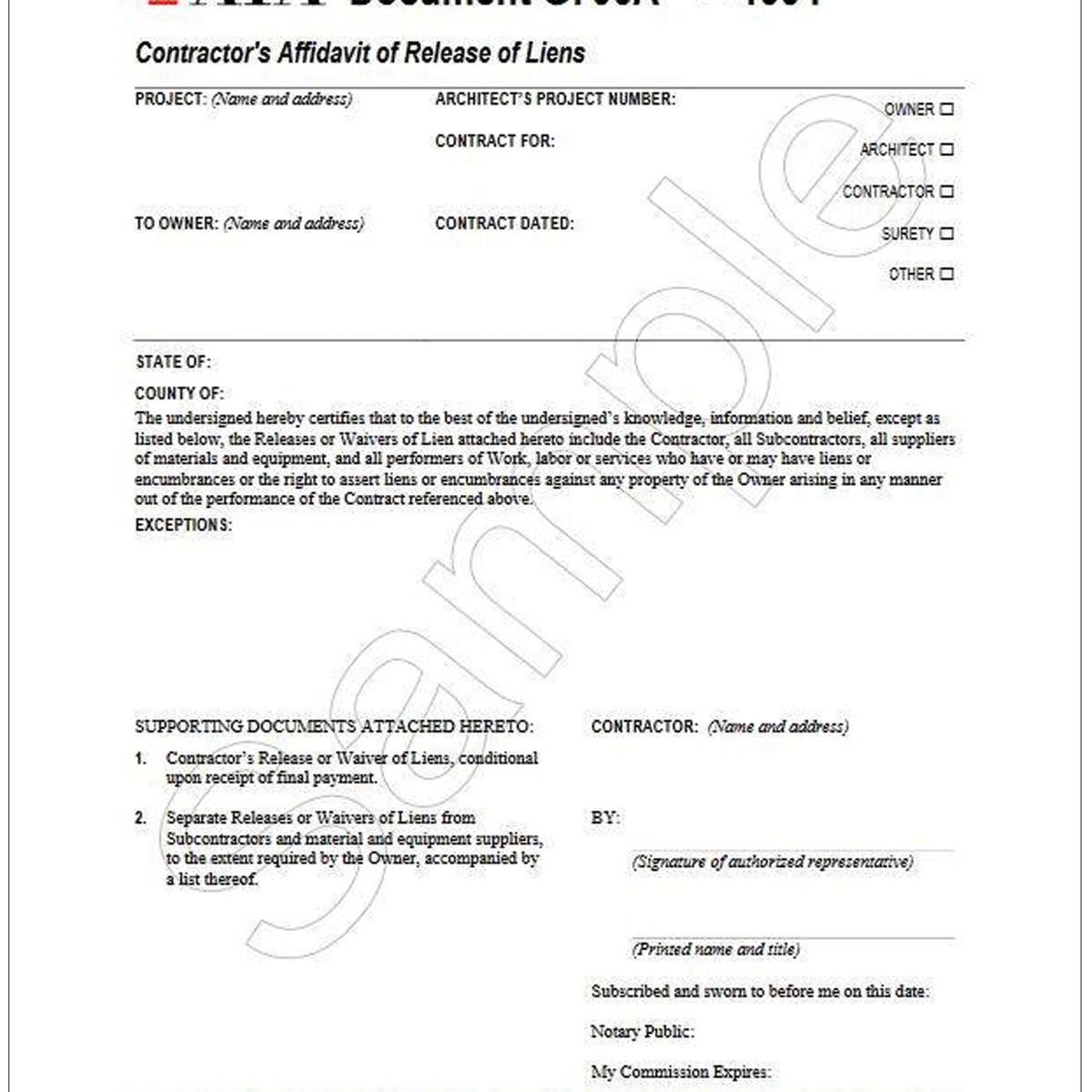 AIA G706A-1994: Contractors Affidavit Release (Waiver) of Liens (50 Pa ...